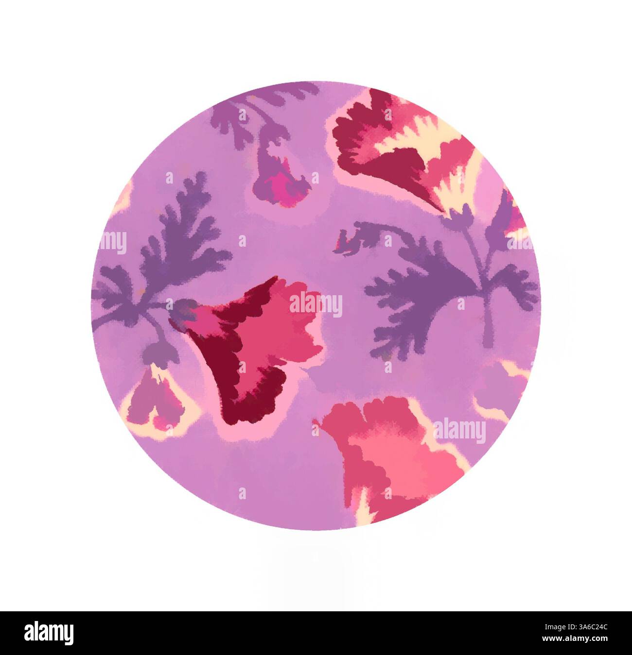 A circular design featuring vibrant, stylized floral patterns in shades ...