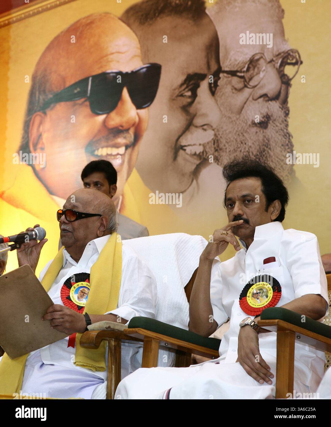 CHENNAI, TAMIL NADU â€“ JANUARY 09: Karunanidhi with his son M.K. Stalin addressing DMK General ...