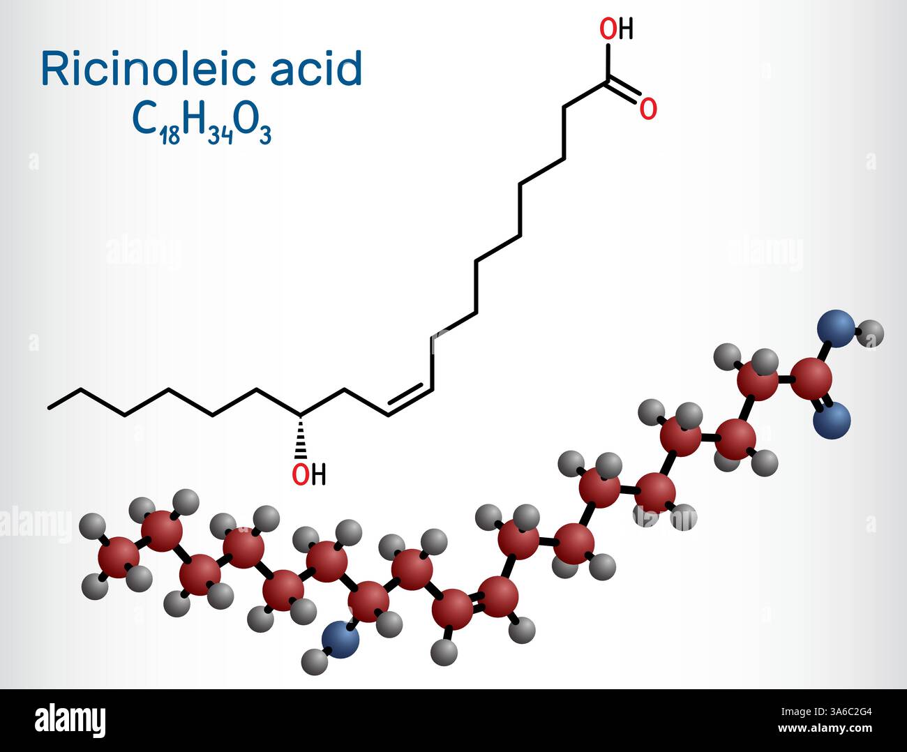 Ricinoleic acid molecule. Found in castor oil. Structural chemical ...