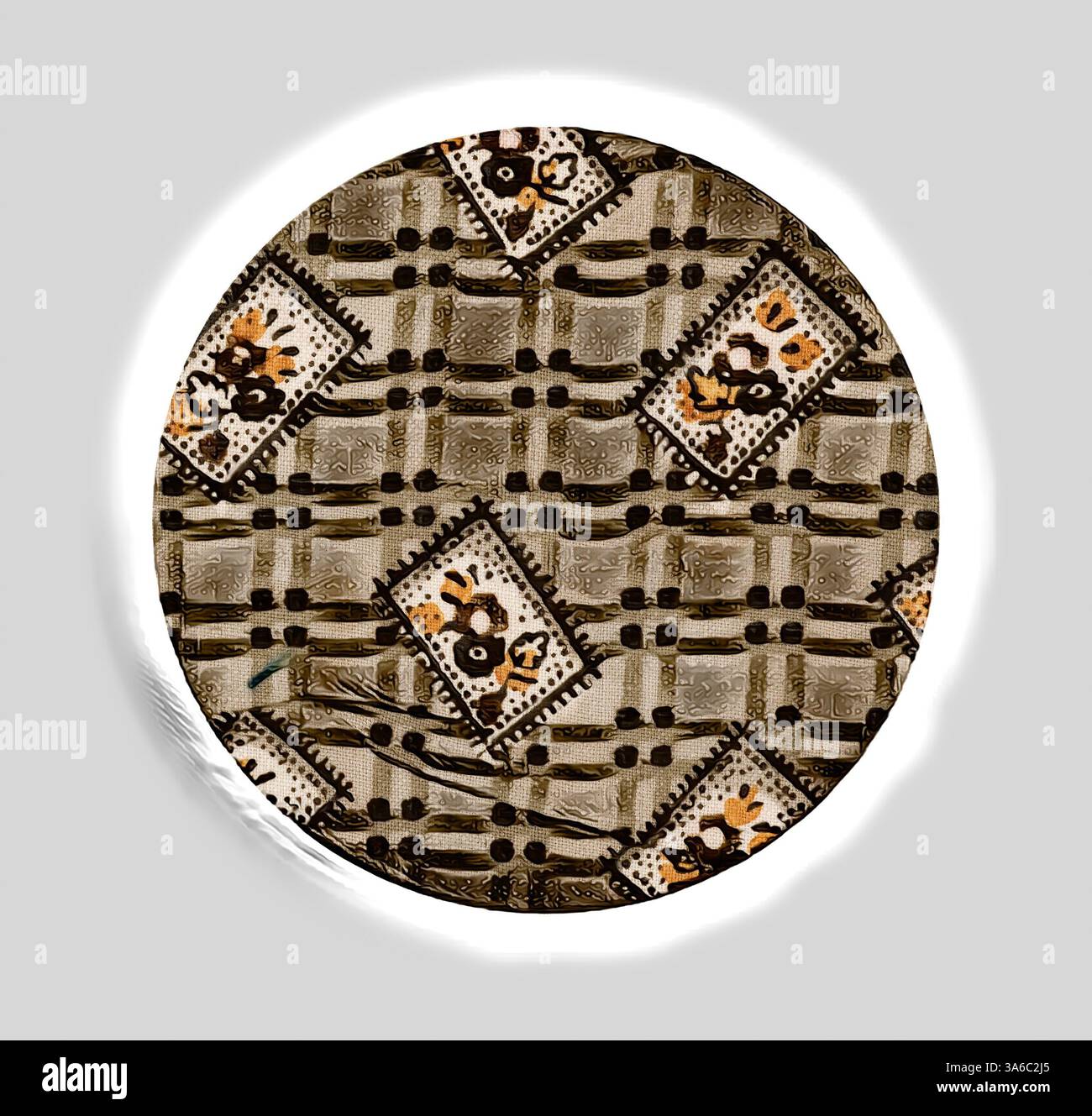 A circular fabric pattern featuring a grid design with diamond-shaped ...