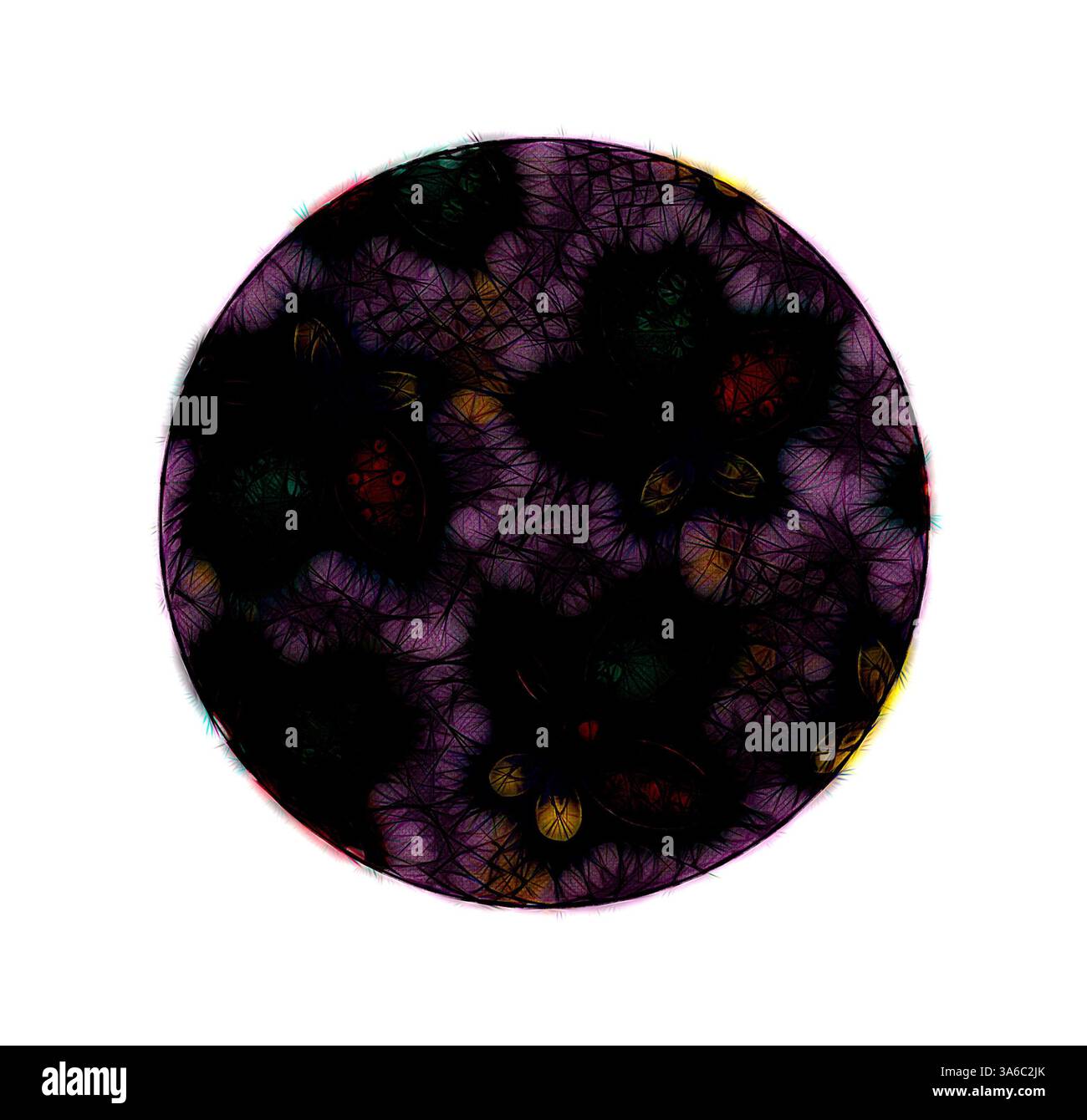 A circular design filled with intricate, wispy patterns and bursts of ...