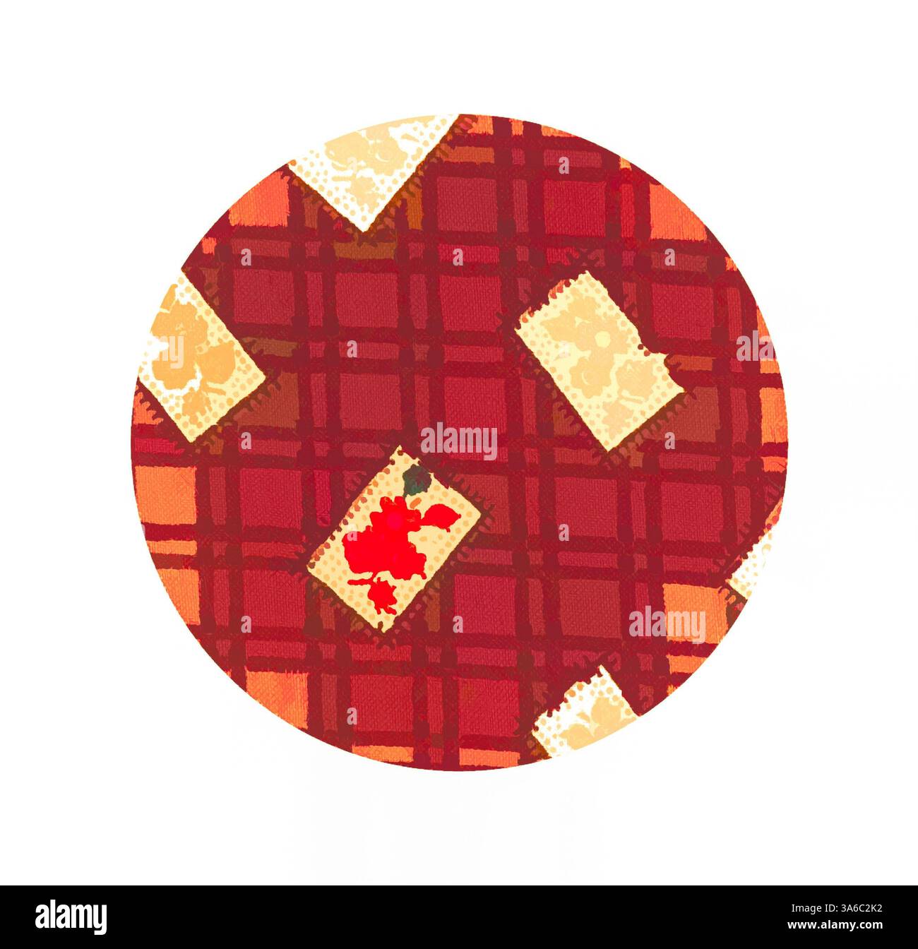 A circular design featuring a red and orange plaid pattern, accented by ...