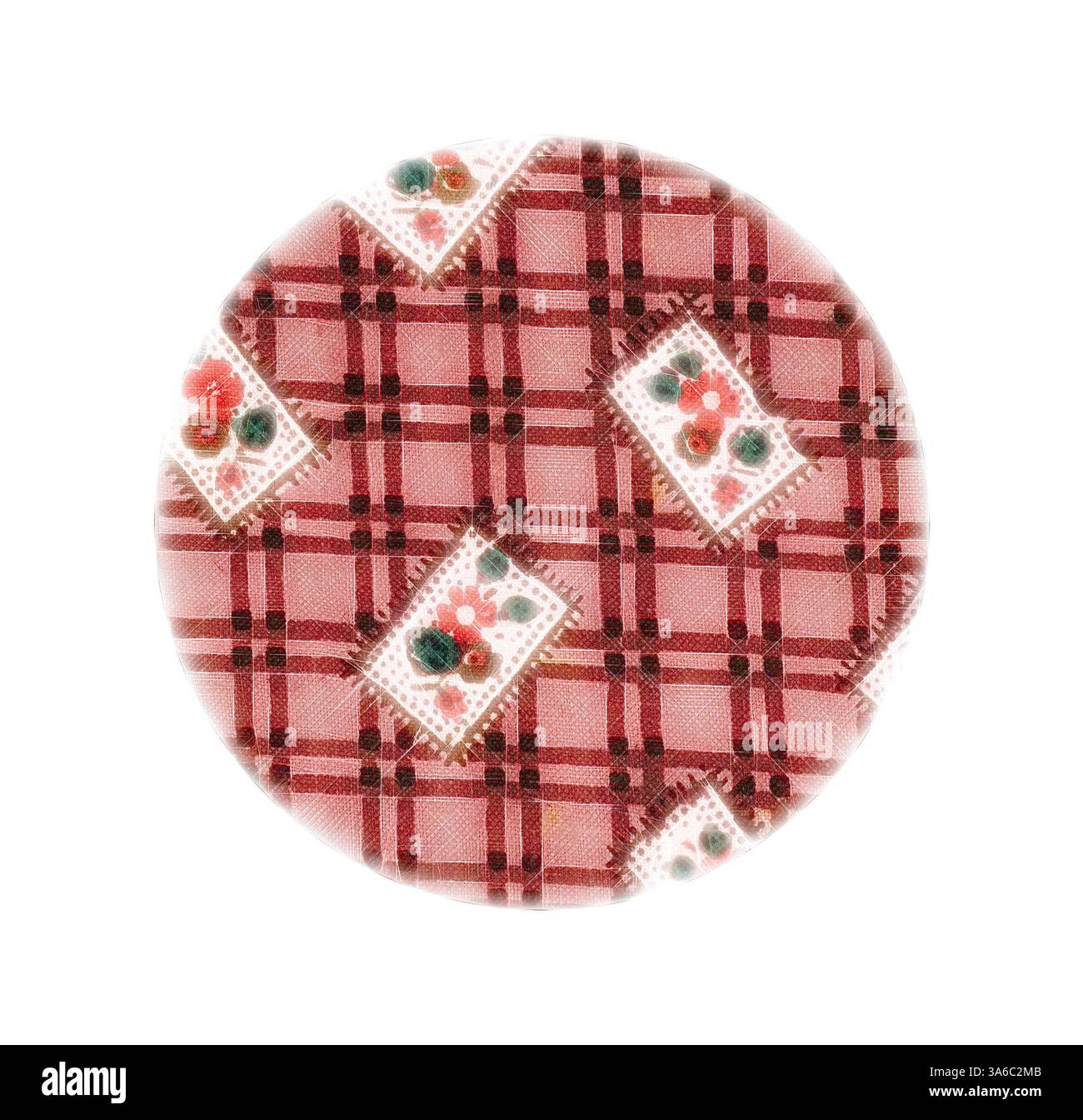 A circular design featuring a classic checkered pattern in red and ...