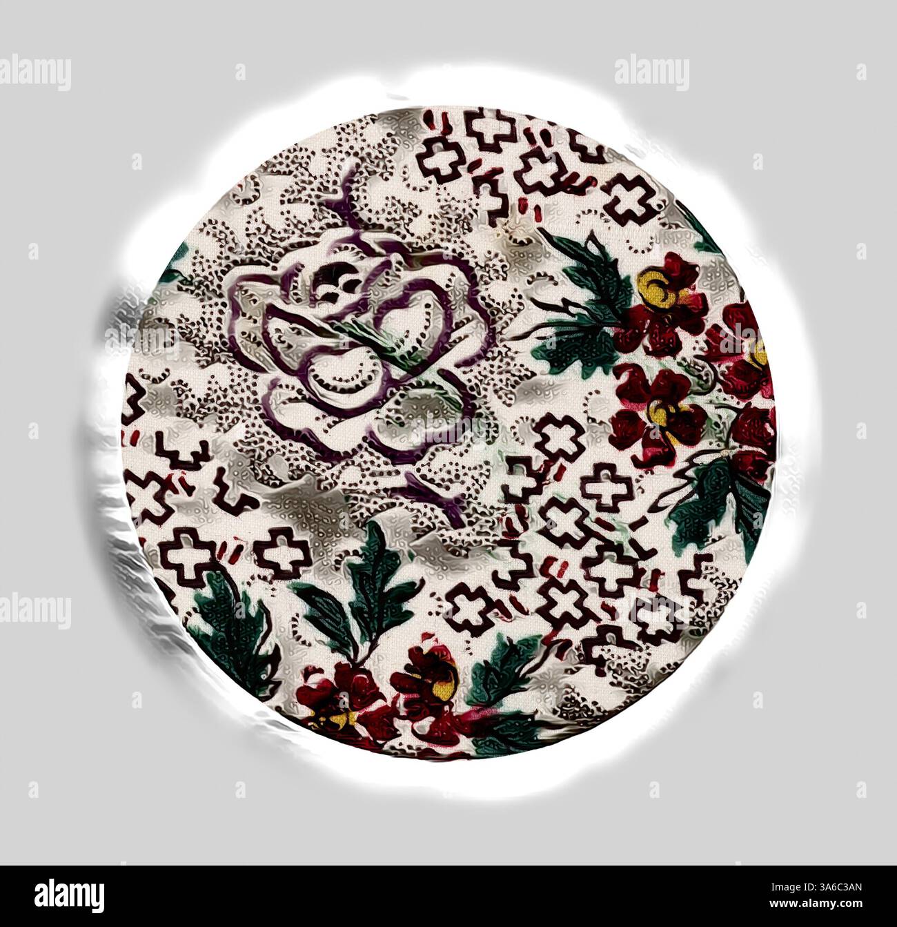 A circular textile featuring intricate floral patterns with bold colors ...