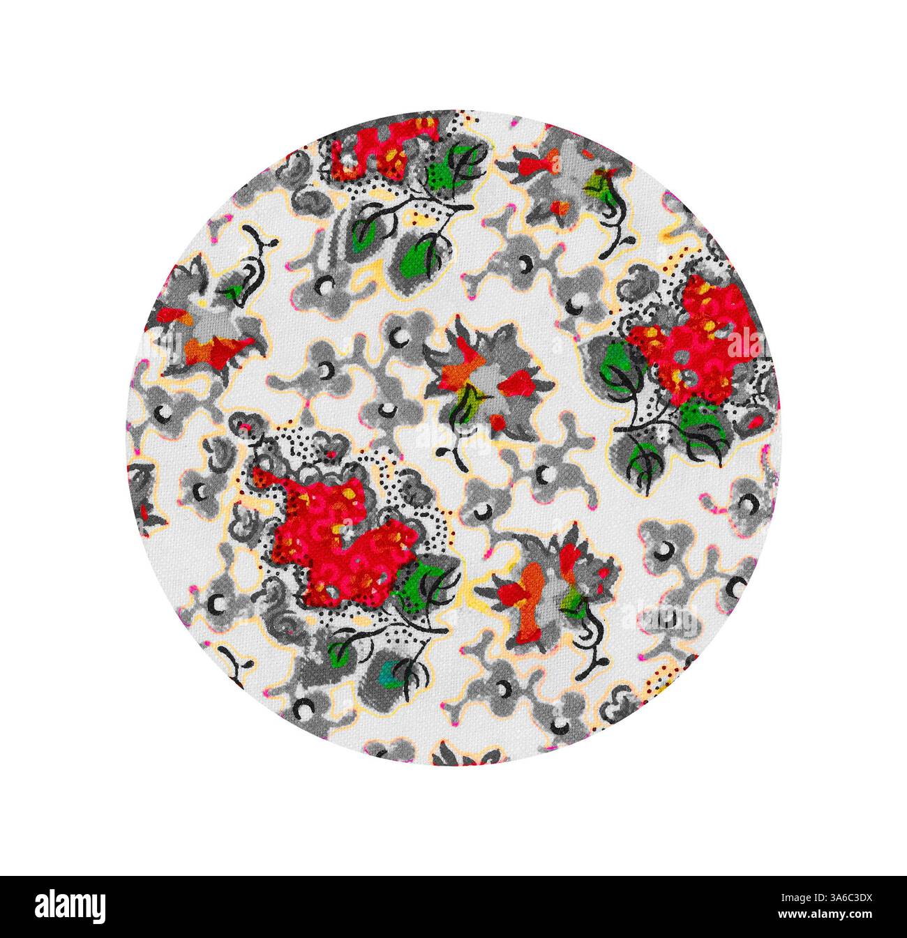 A circular fabric adorned with intricate floral patterns in vibrant ...