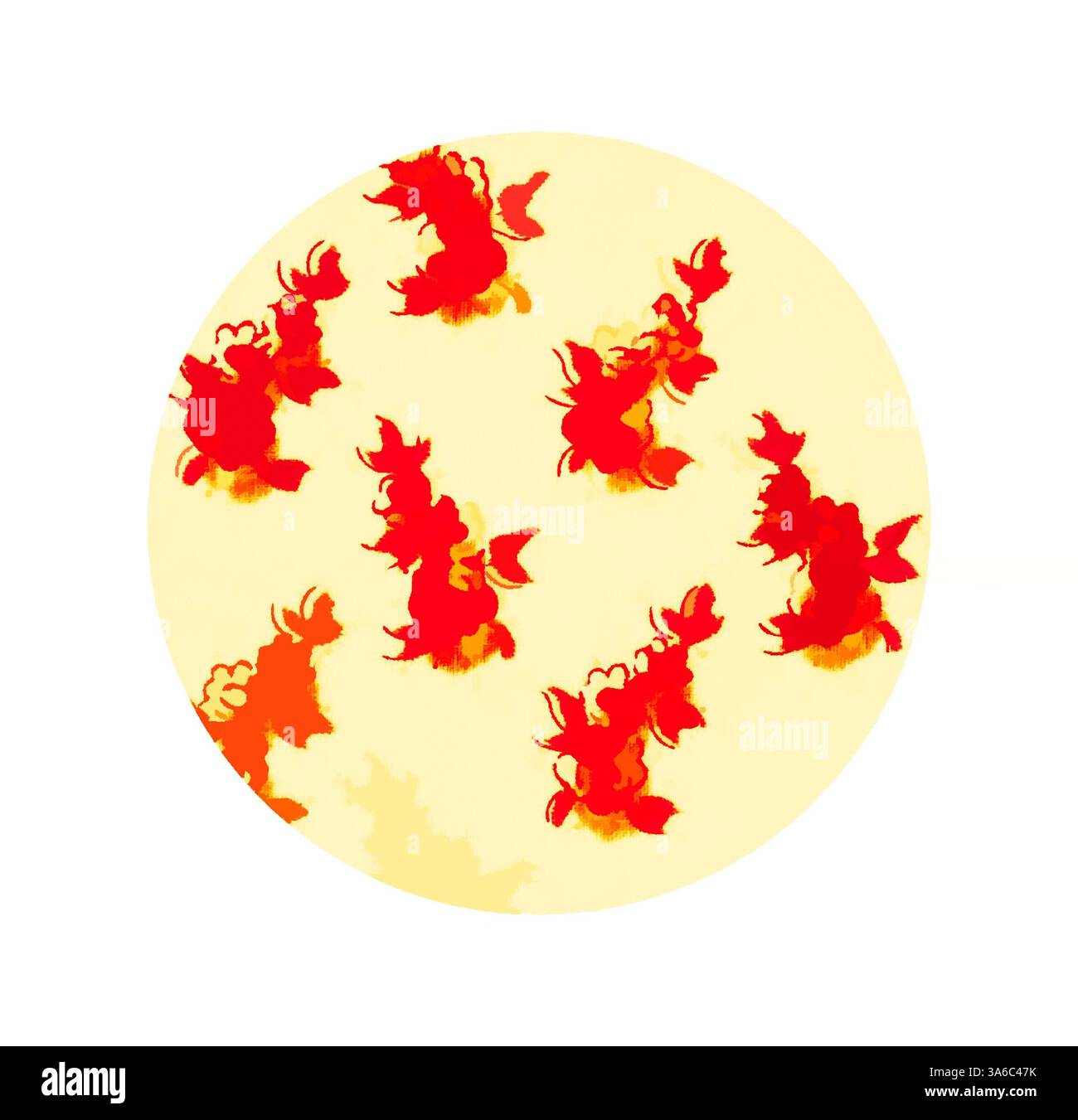 A circular composition filled with playful goldfish in vibrant shades ...