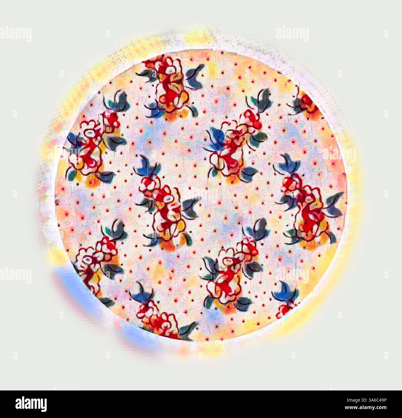 A circular fabric design featuring a delicate floral pattern with roses ...