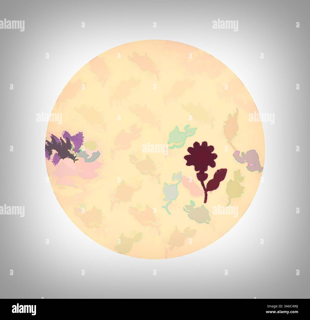 A soft, circular design featuring delicate floral shapes in muted ...