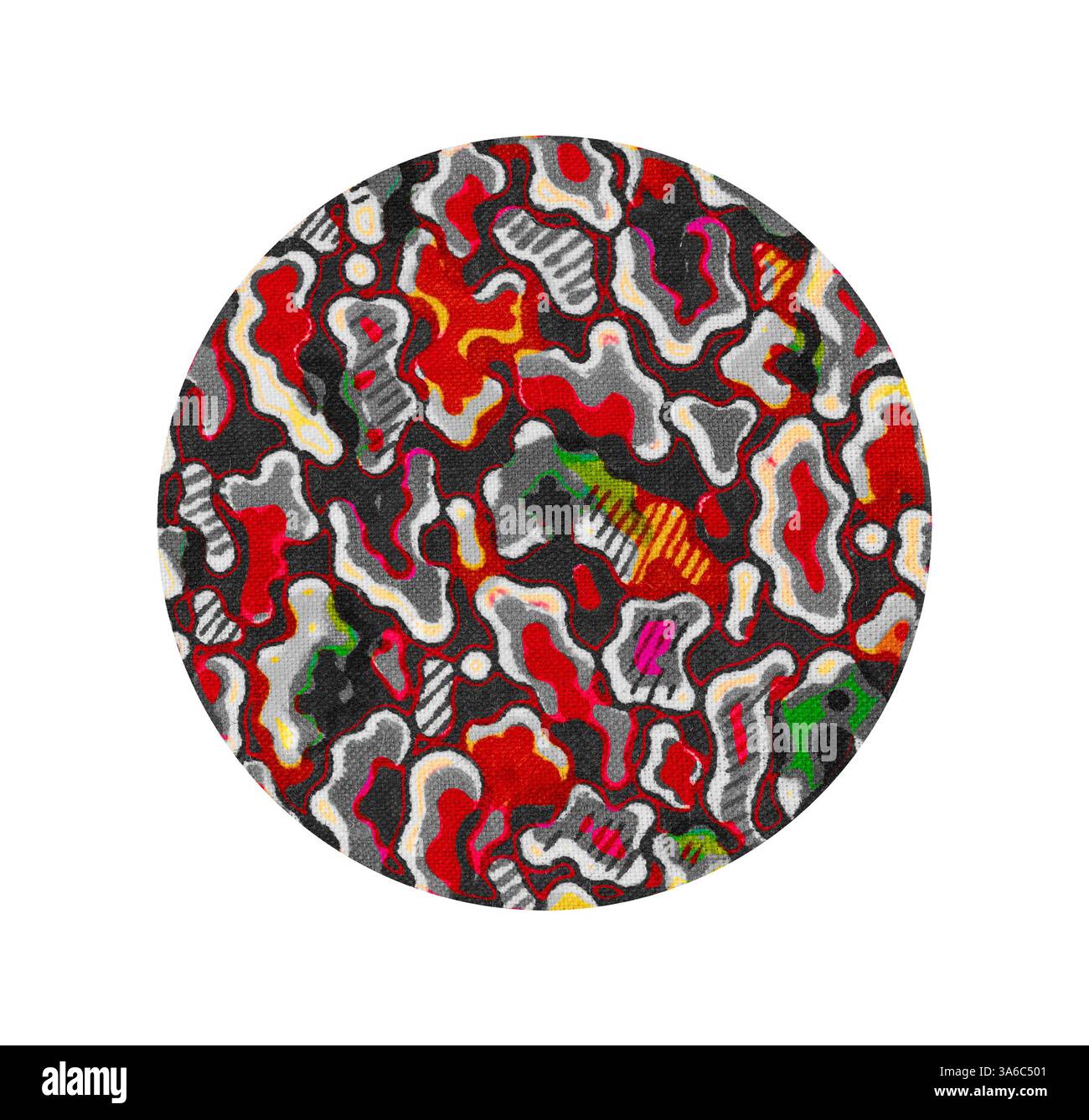 A vibrant, abstract pattern featuring wavy lines and organic shapes in a mix of red, orange ...