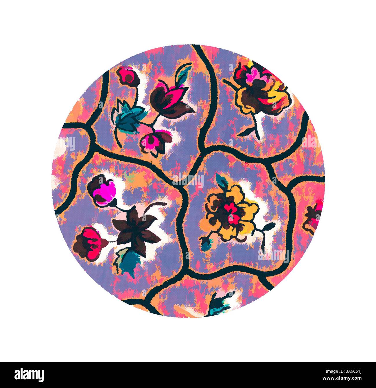 A vibrant floral pattern features intertwining designs in bold colors ...