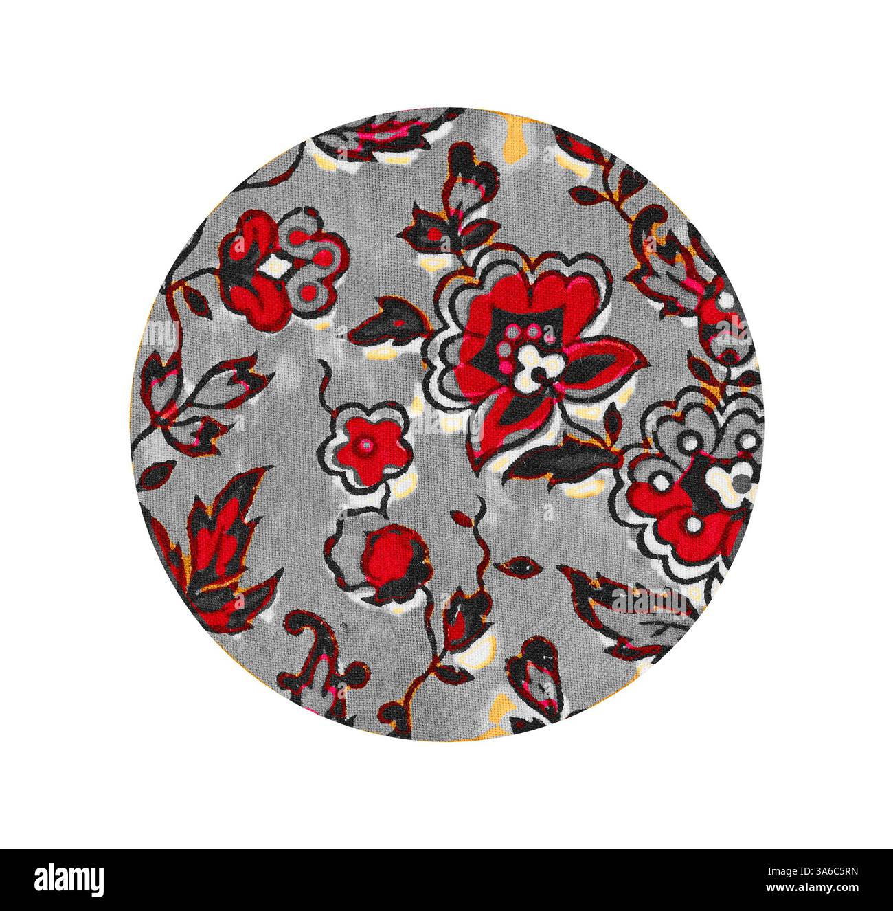 A circular fabric design featuring intricate floral patterns in shades ...