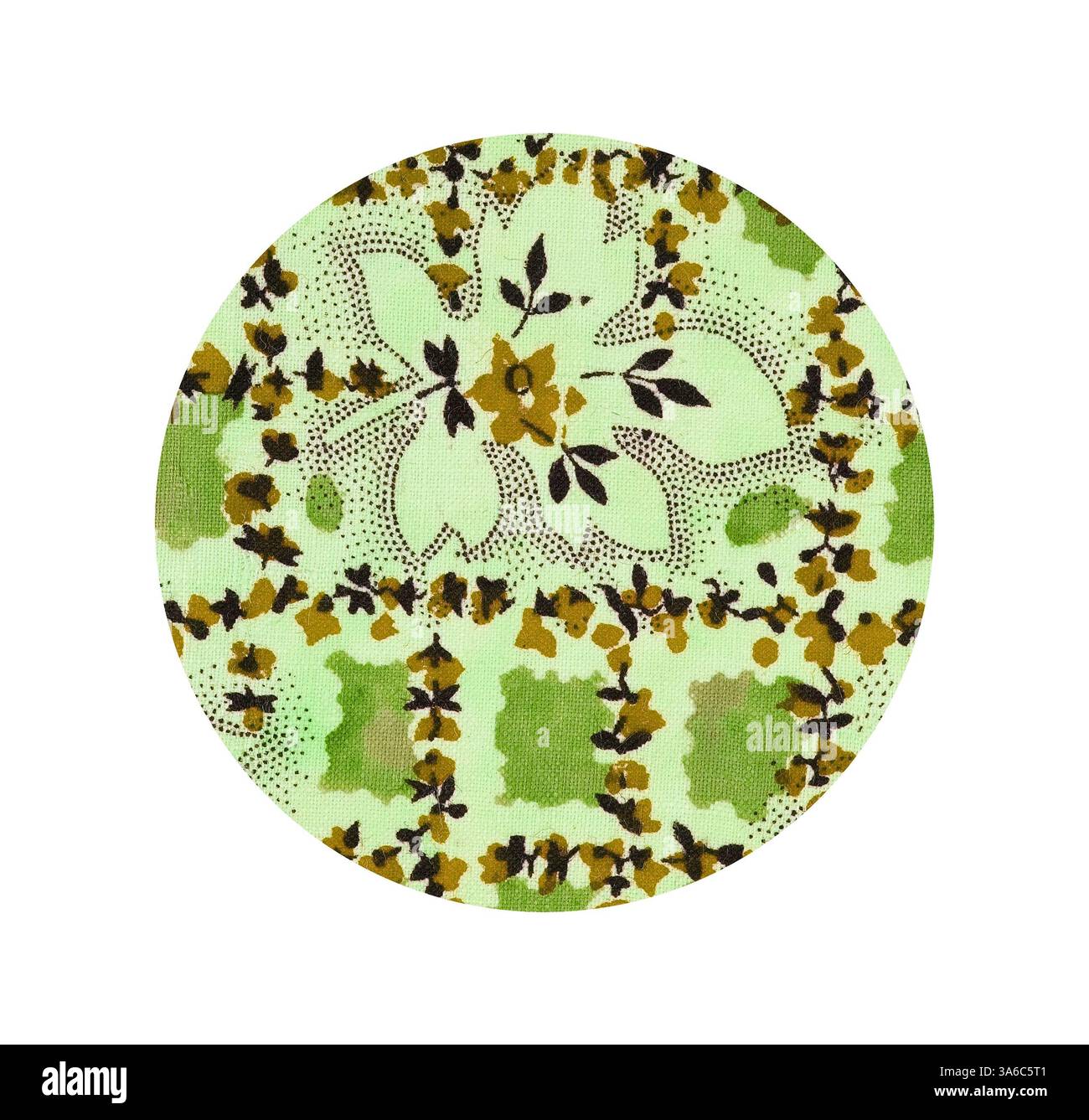 A circular fabric pattern featuring intricate floral designs in vibrant ...