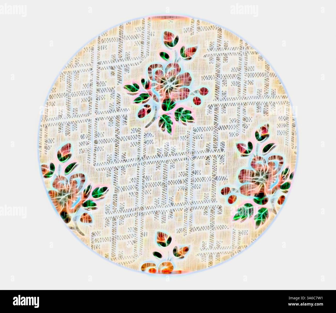 A delicate lace pattern featuring floral motifs in soft colors ...