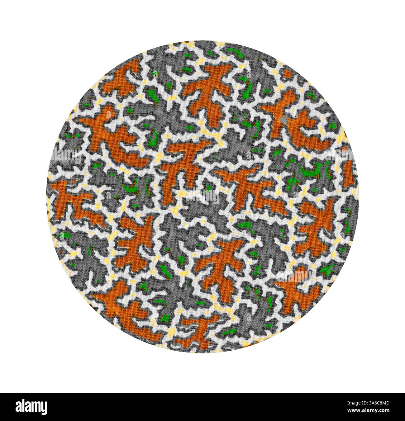 A round textile featuring an abstract pattern that combines organic ...