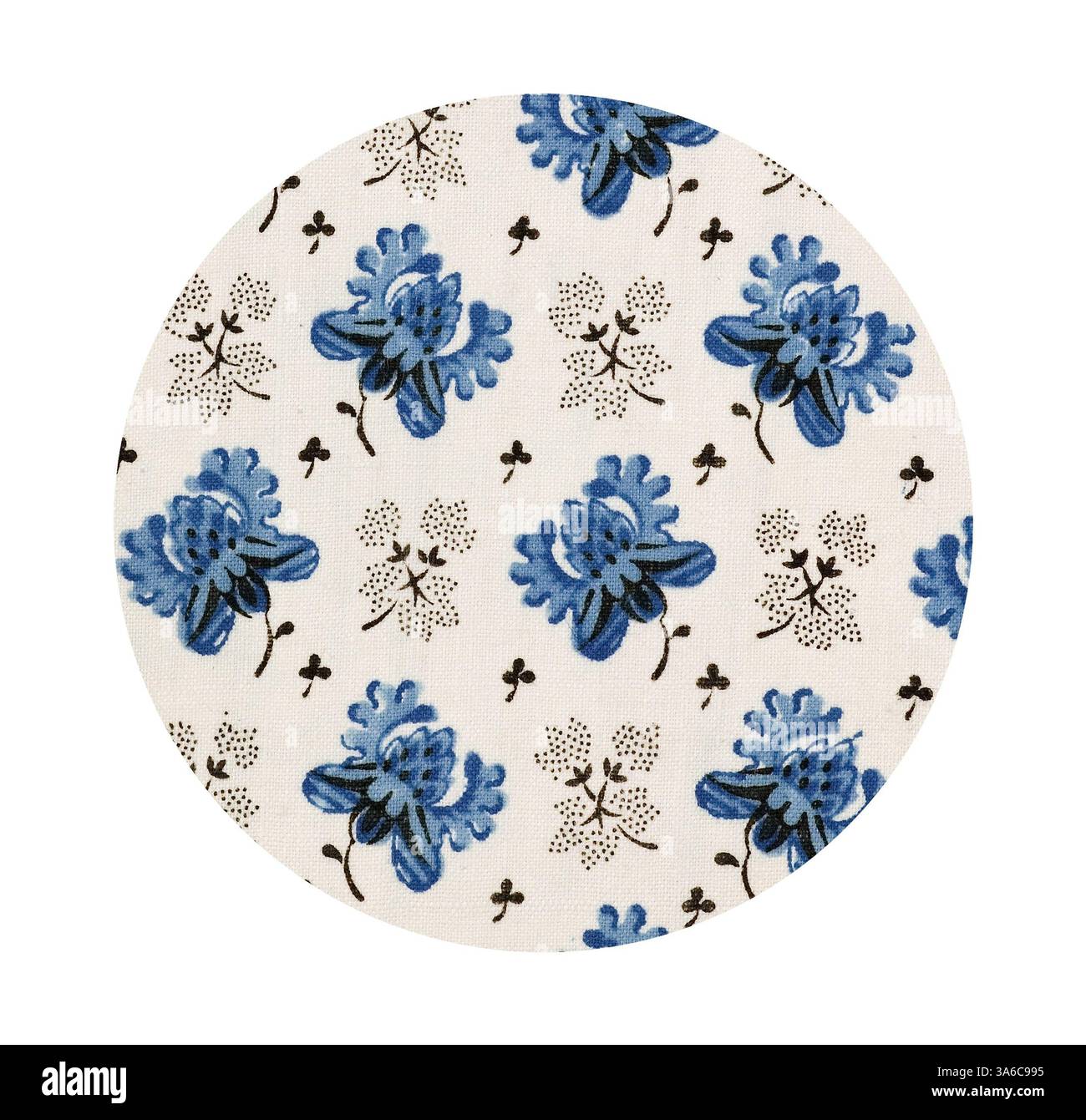 A circular fabric design featuring a delicate pattern of blue flowers ...