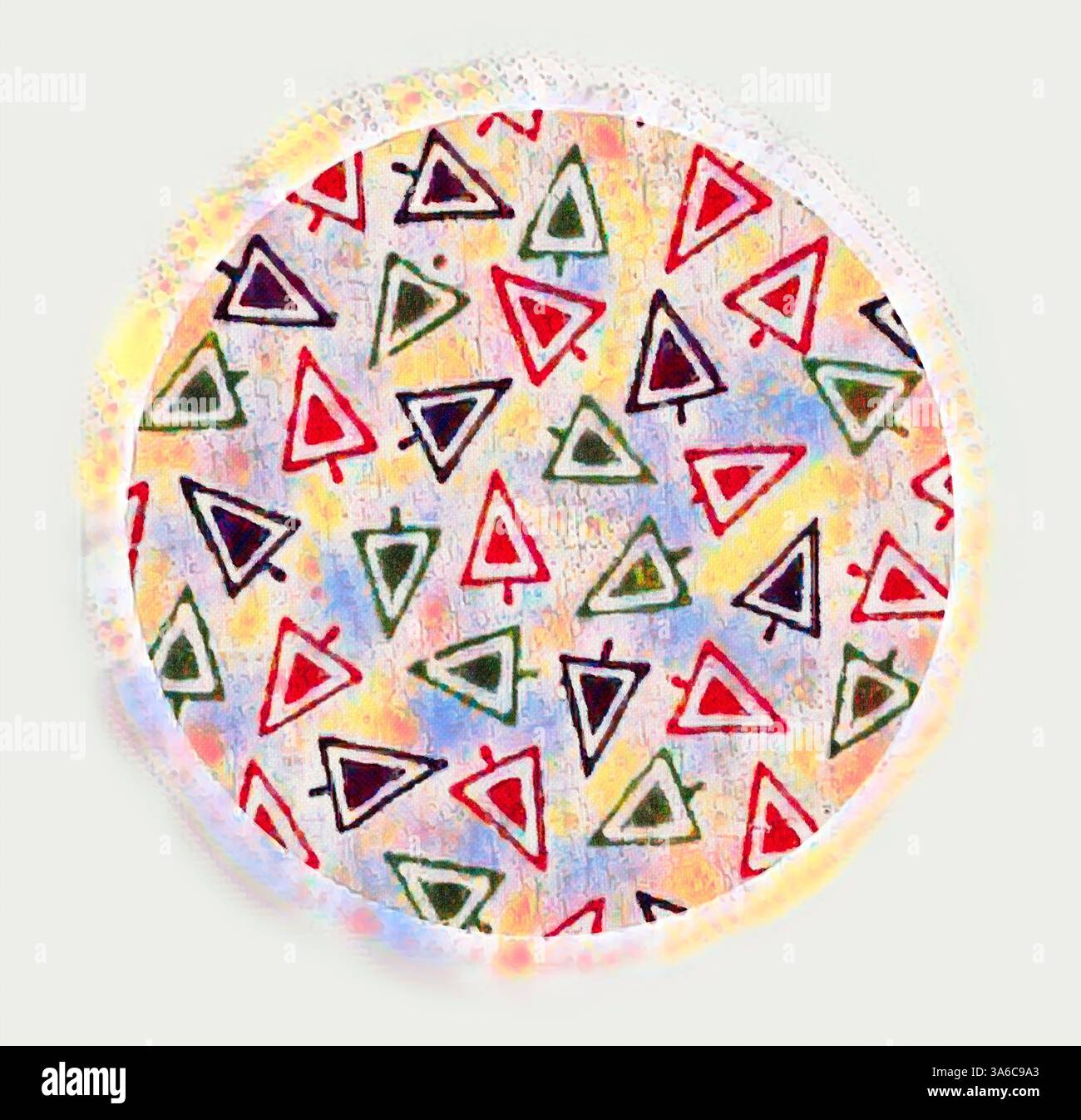 A circular design featuring an array of colorful triangles in various ...