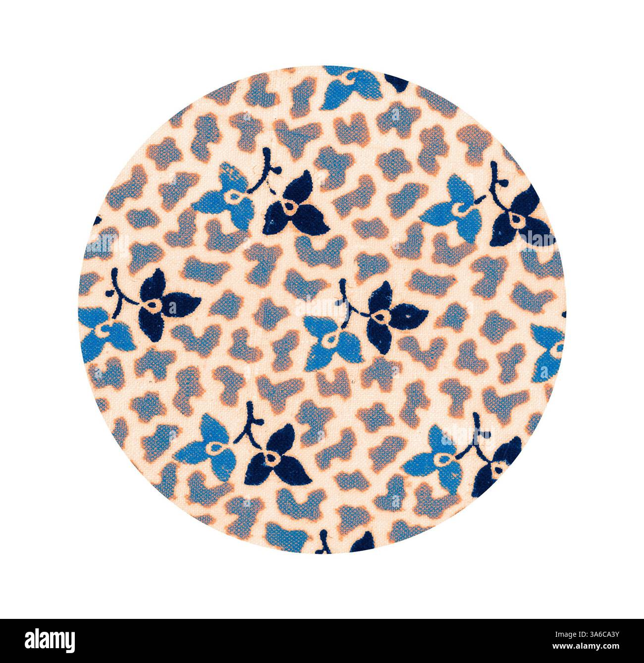 A circular pattern featuring a playful mix of stylized blue flowers and ...
