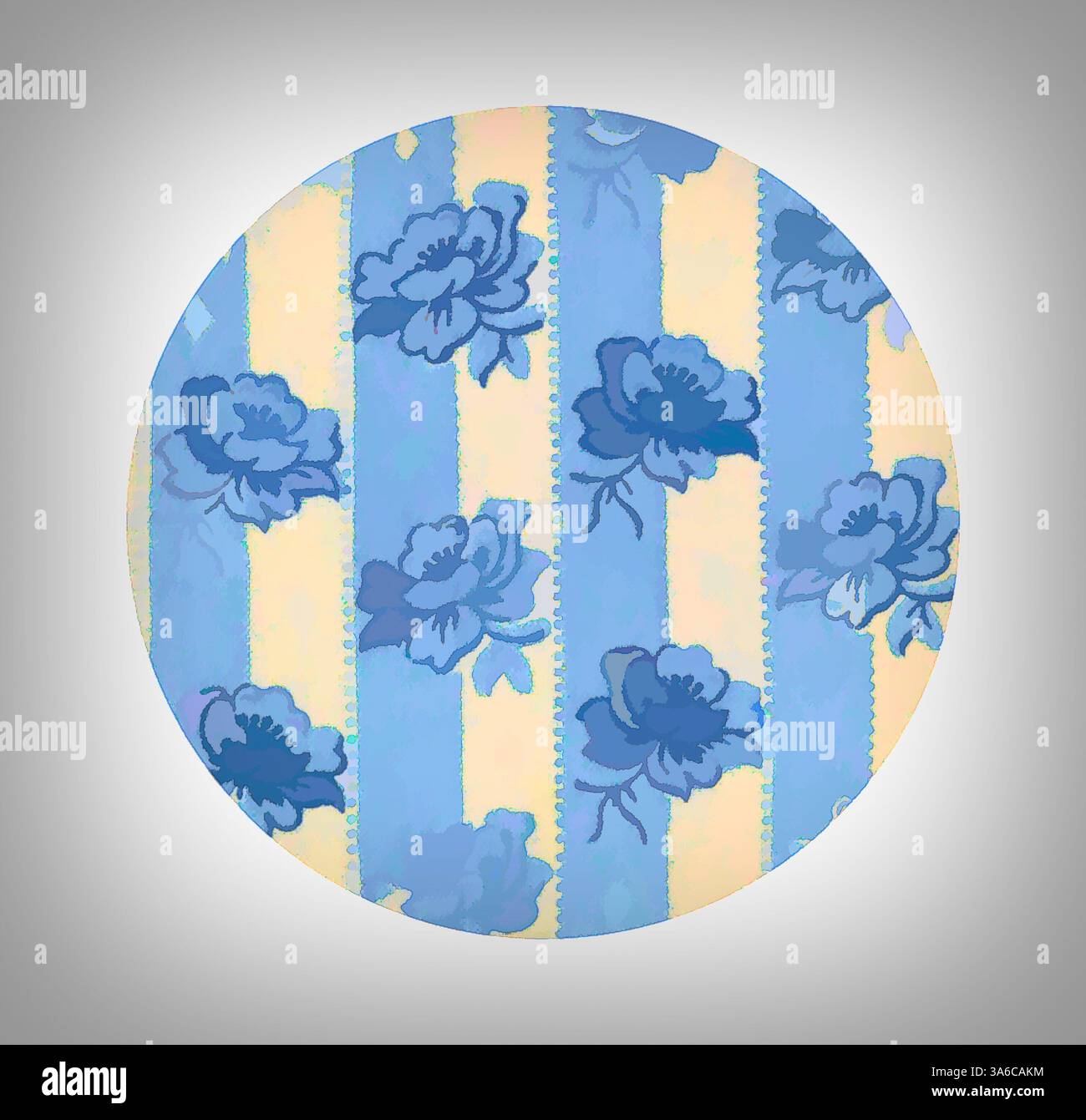 A circular design featuring soft blue floral patterns intertwined with pale striped backgrounds ...