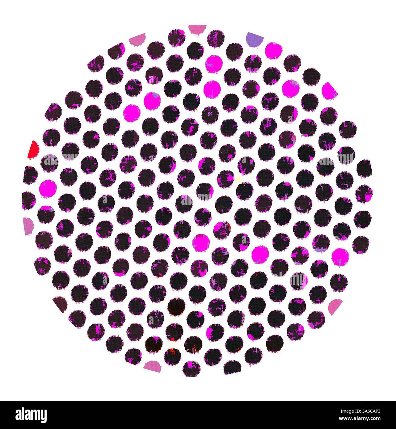 A circular arrangement of variously sized dots, predominantly in shades ...