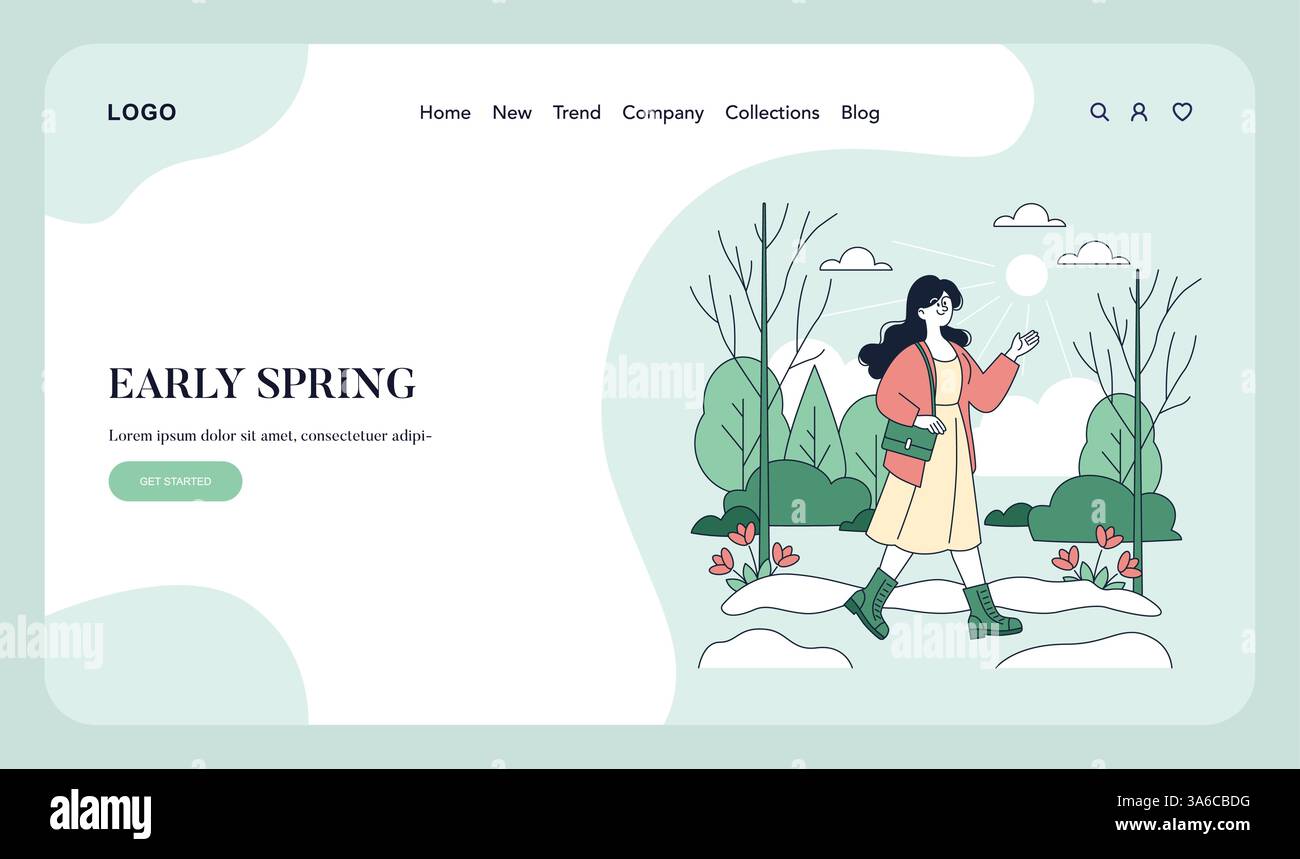 Early spring illustration featuring a woman enjoying a sunny day. She ...