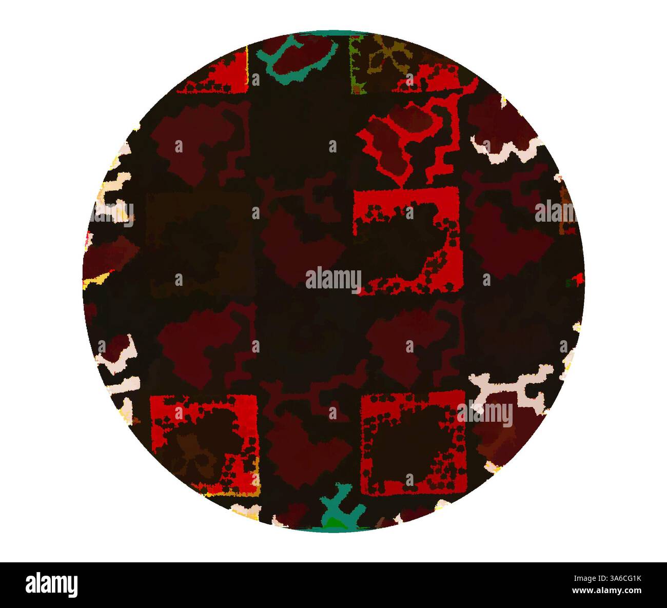 A circular design featuring a vibrant pattern of intertwined shapes and ...