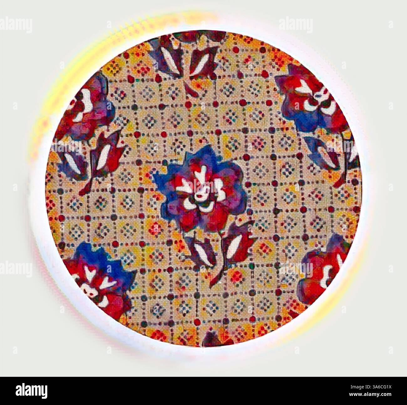 A circular pattern featuring vibrant floral designs, predominantly in ...