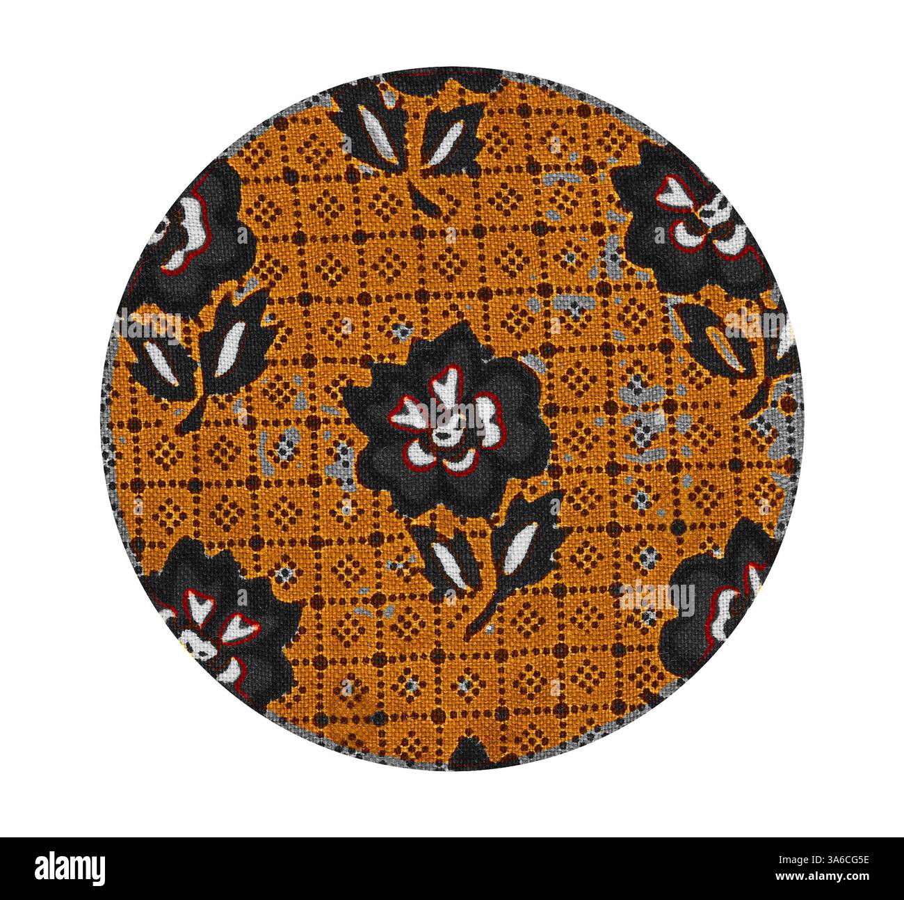 A vibrant fabric featuring a bold floral pattern set against a warm ...