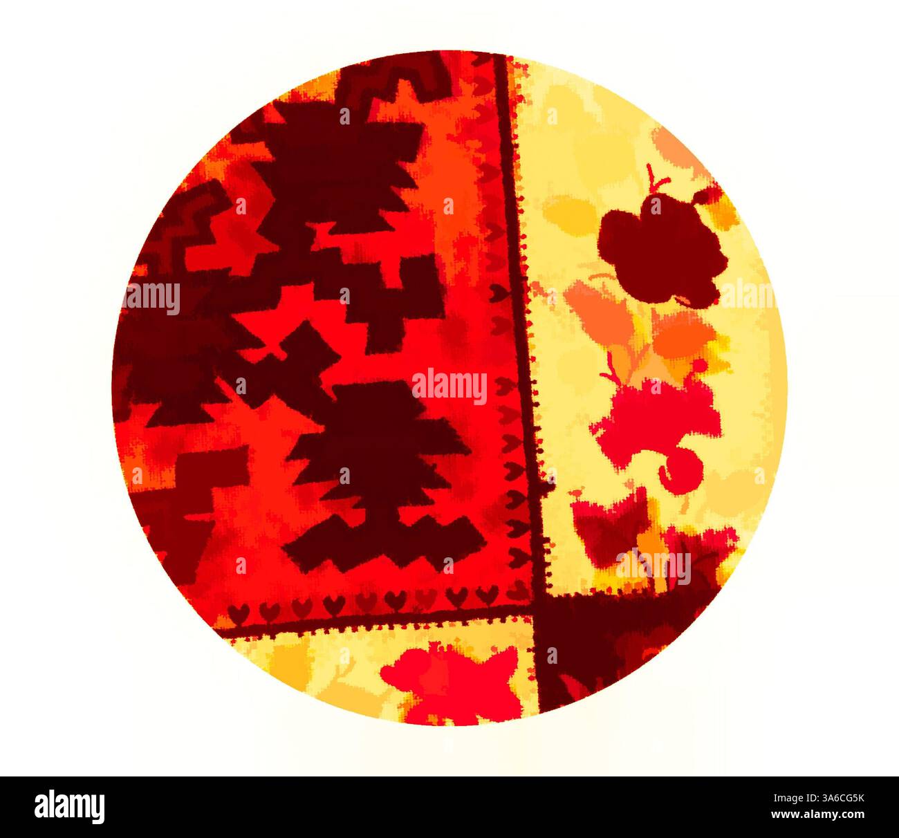A vibrant circular pattern featuring bold red and yellow hues ...