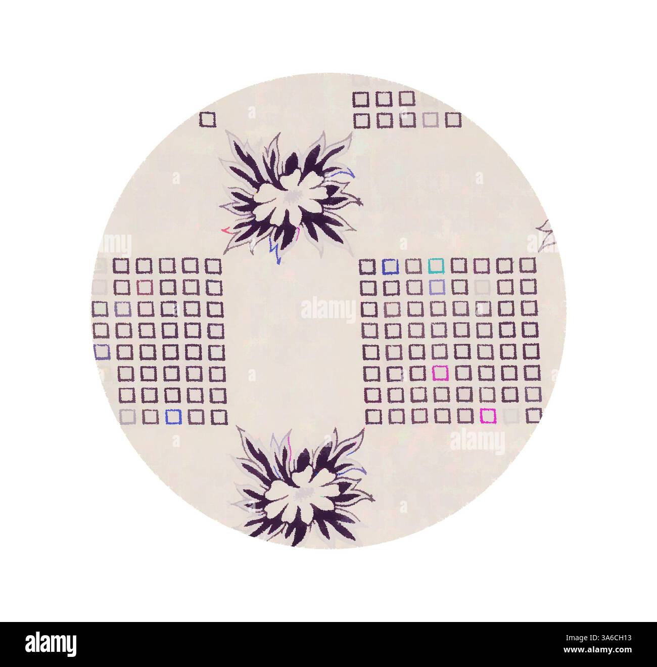 A circular textile design featuring a pattern of large floral motifs ...