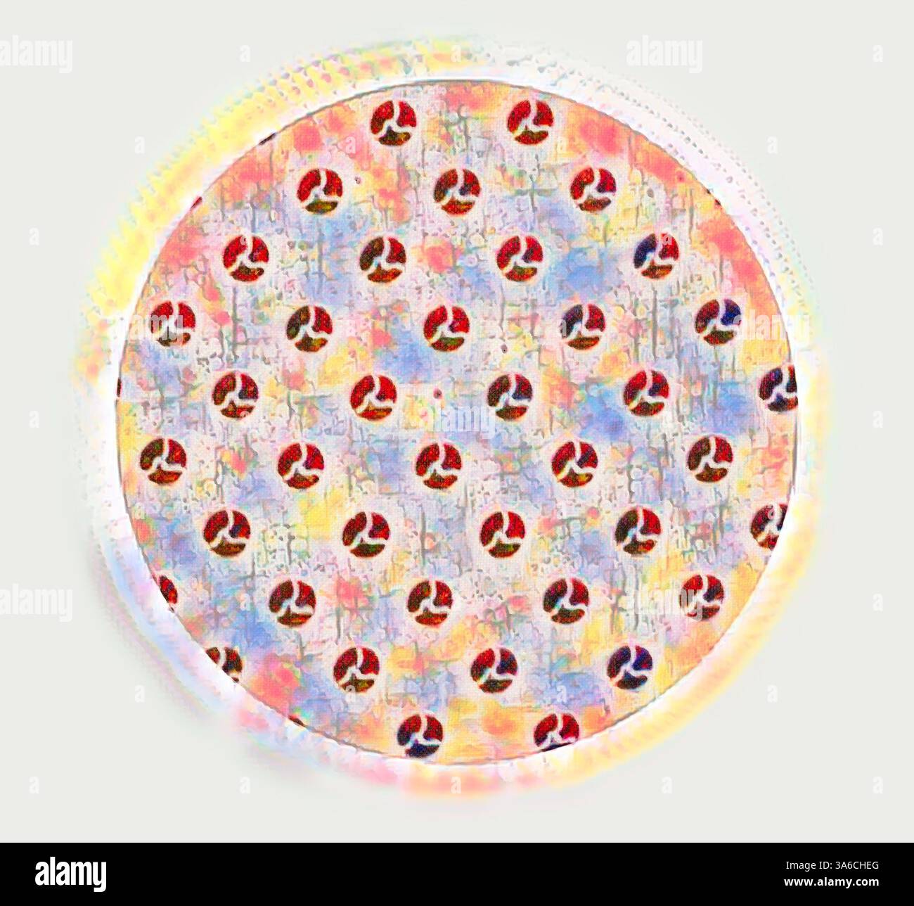 A circular surface adorned with a repetitive pattern of stylized red ...