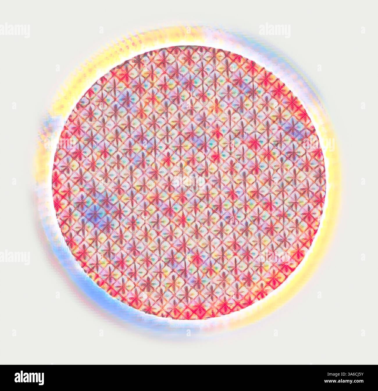 A circular design featuring intricate geometric patterns in soft pastel ...