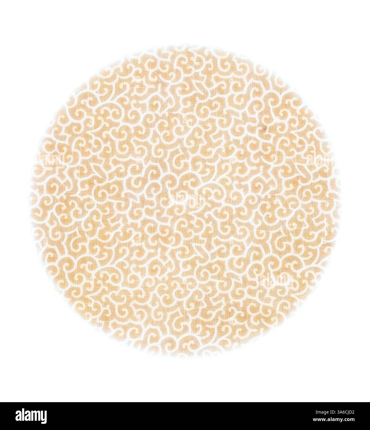 A circular pattern featuring delicate, swirling designs in soft beige ...