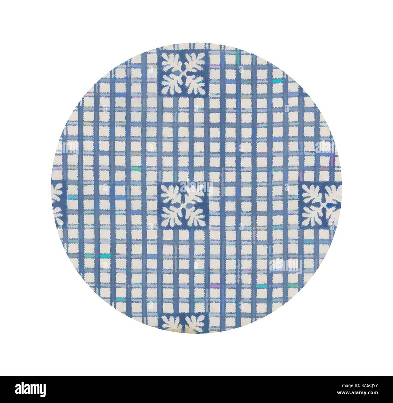 A round fabric featuring a grid pattern in shades of blue, adorned with ...