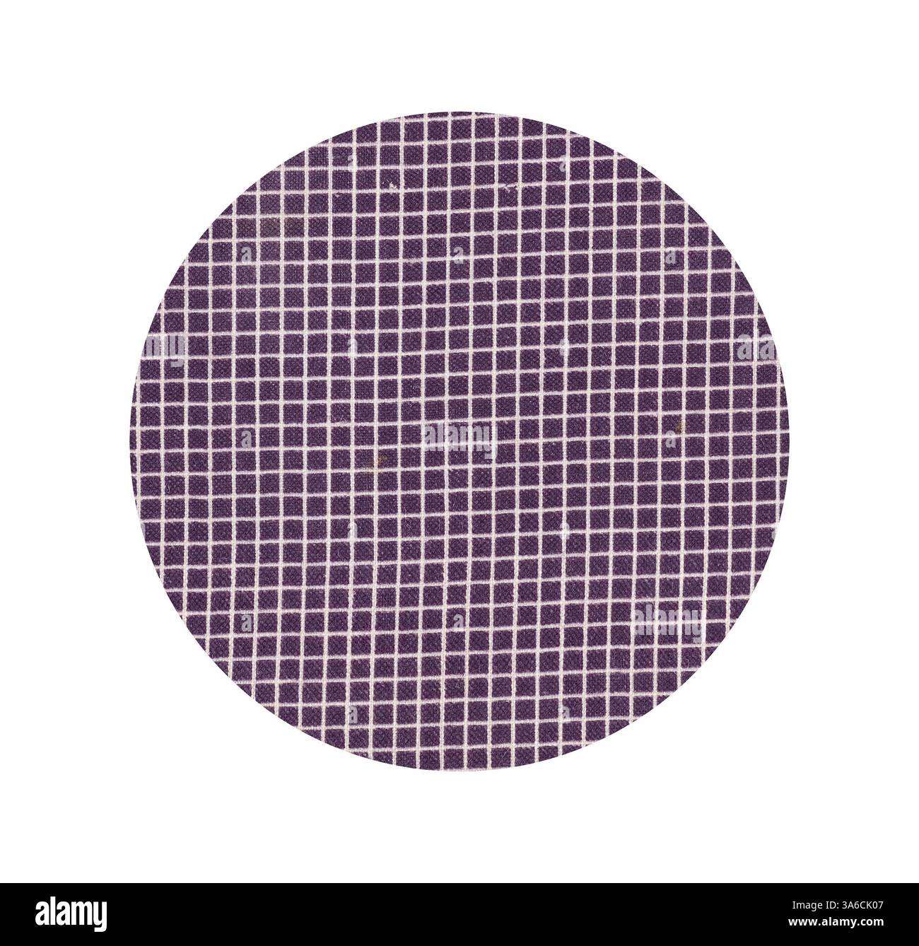 A circular swatch featuring a repeating pattern of small purple and ...