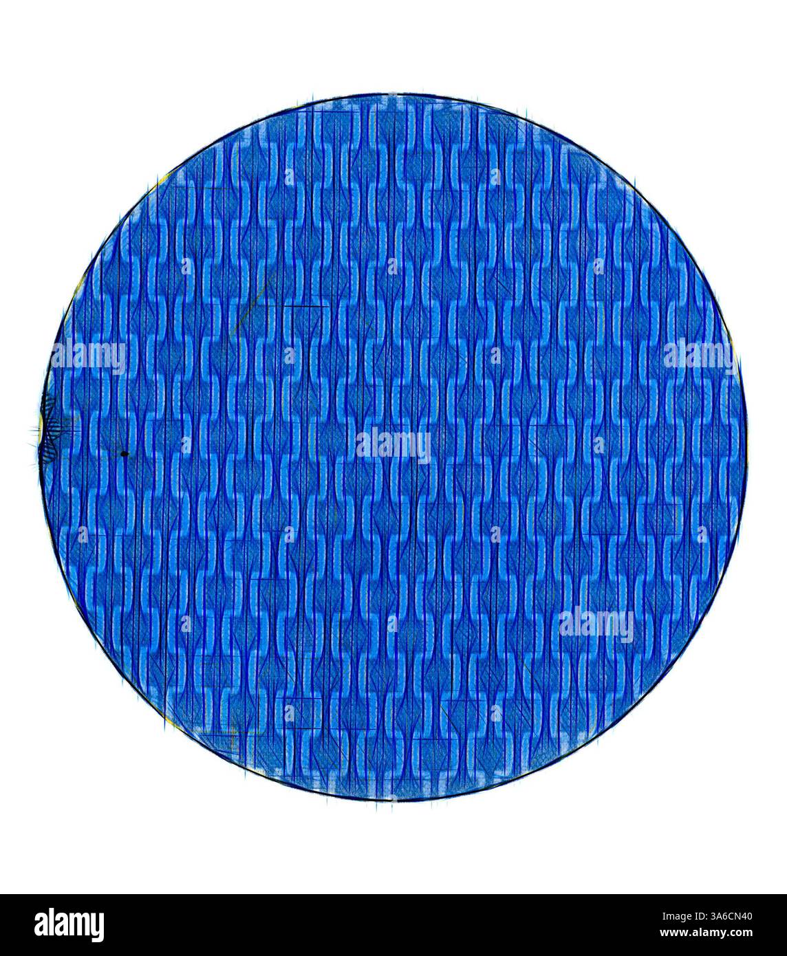 A vibrant blue oval with an intricate pattern of interwoven lines ...