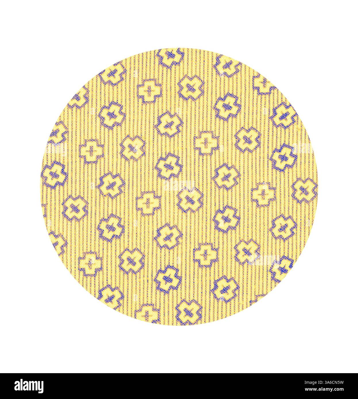 A circular fabric swatch featuring a vibrant yellow background adorned ...