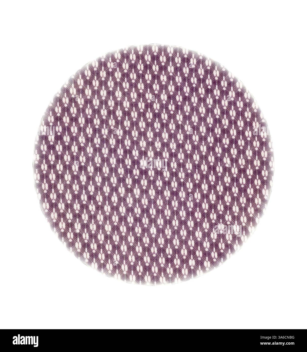 An oval textile featuring a intricate pattern of small, repeating ...