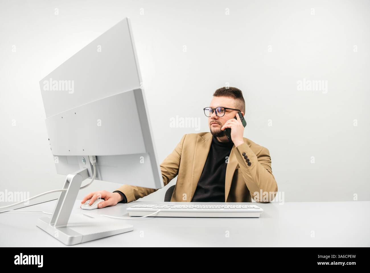 A businessman, call center manager, or entrepreneur consults a client ...