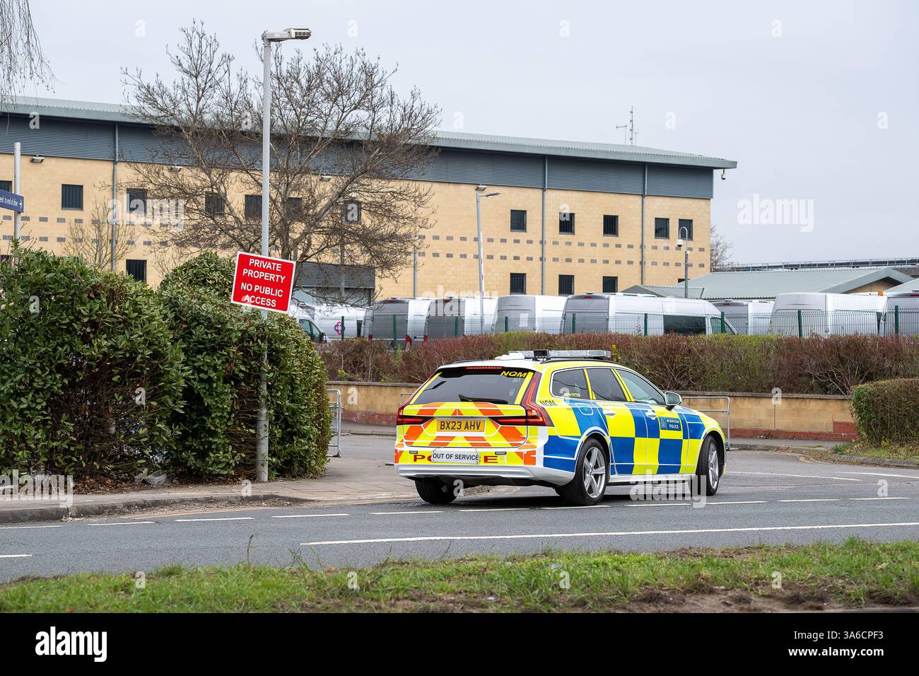 Harmondsworth, West Drayton, UK. 25th March, 2025. A Police car arrives ...