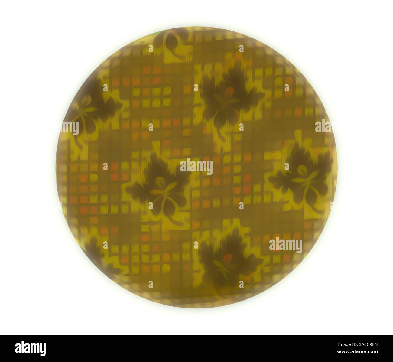 A round plate features a soft, abstract design with a grid pattern ...