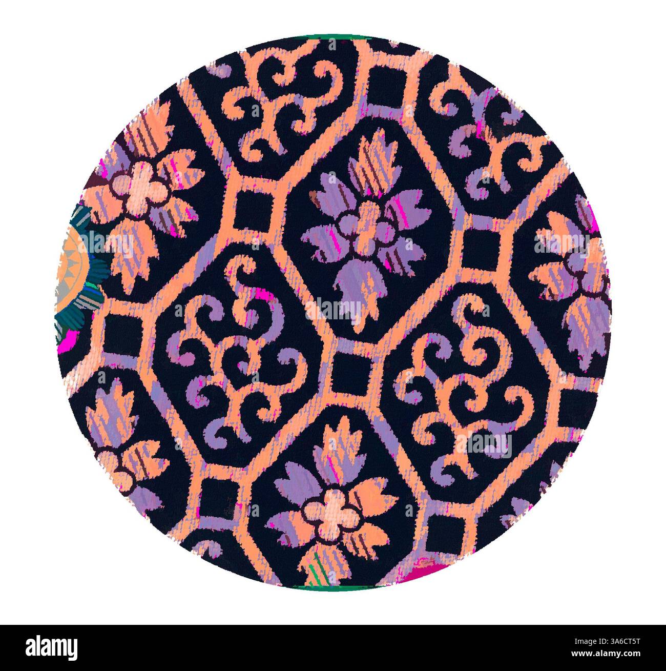 A vibrant textile pattern featuring intricate floral and geometric ...