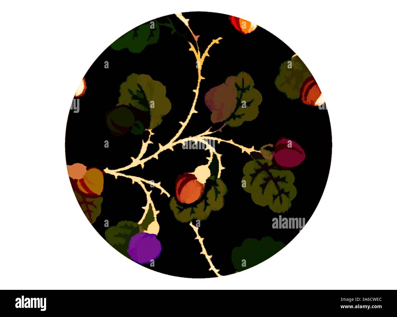 A circular design featuring stylized vines with leafy green foliage and ...