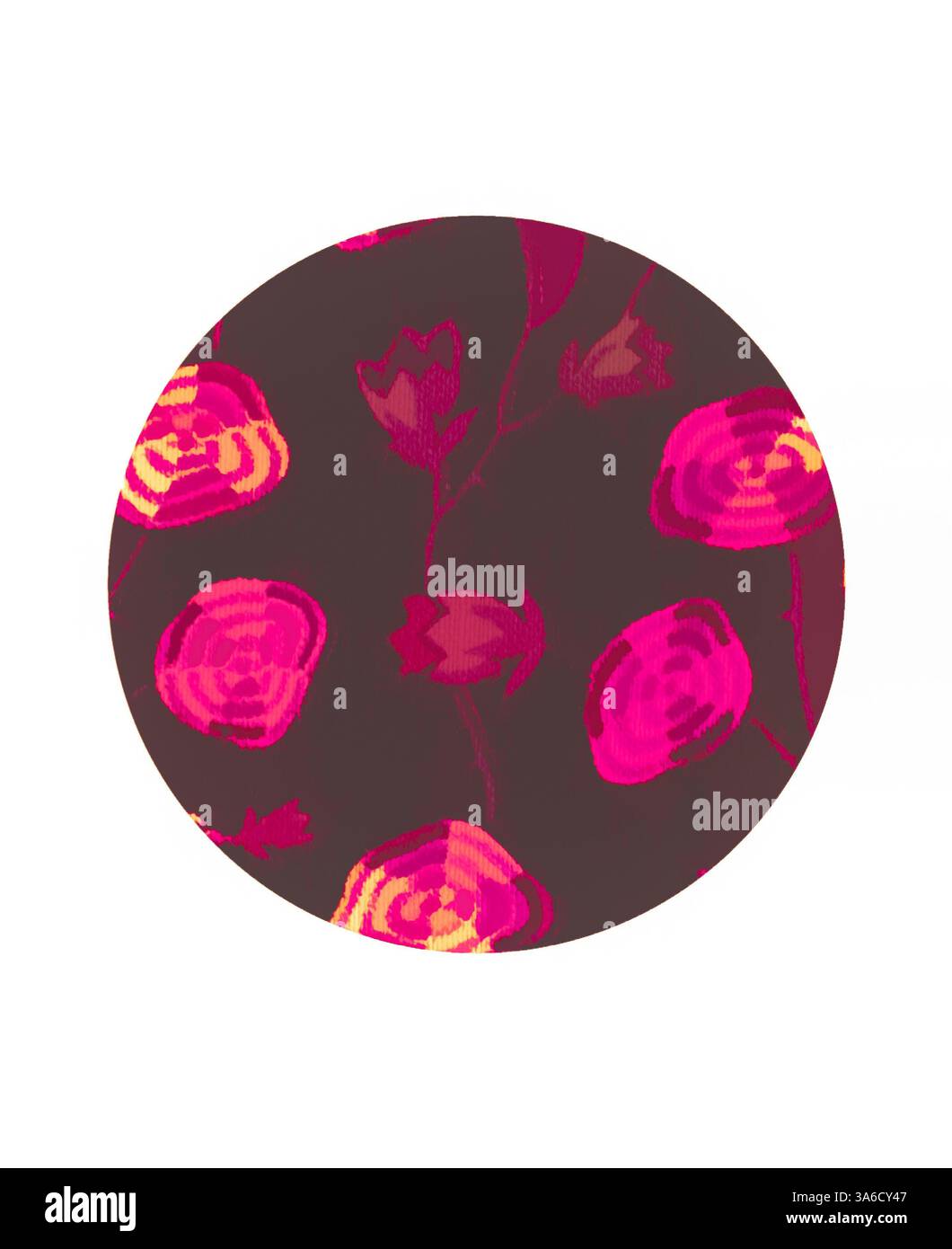 A vibrant floral pattern features bold pink roses intertwined with ...