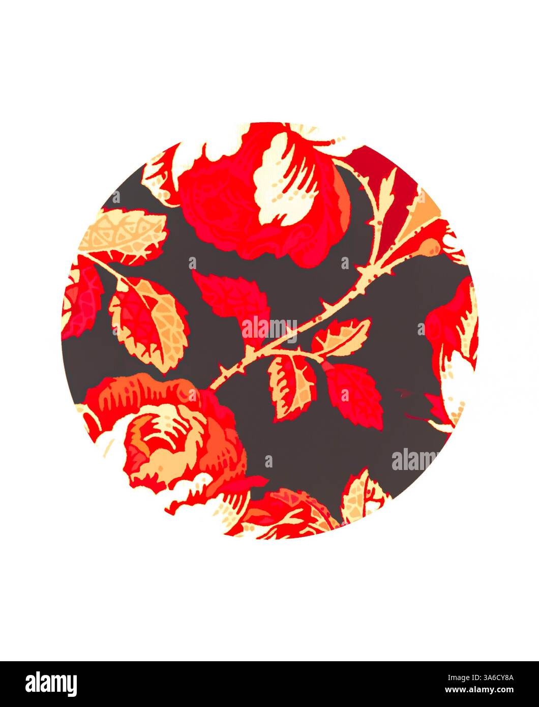 A vibrant floral pattern featuring bold red roses and delicate leaves ...