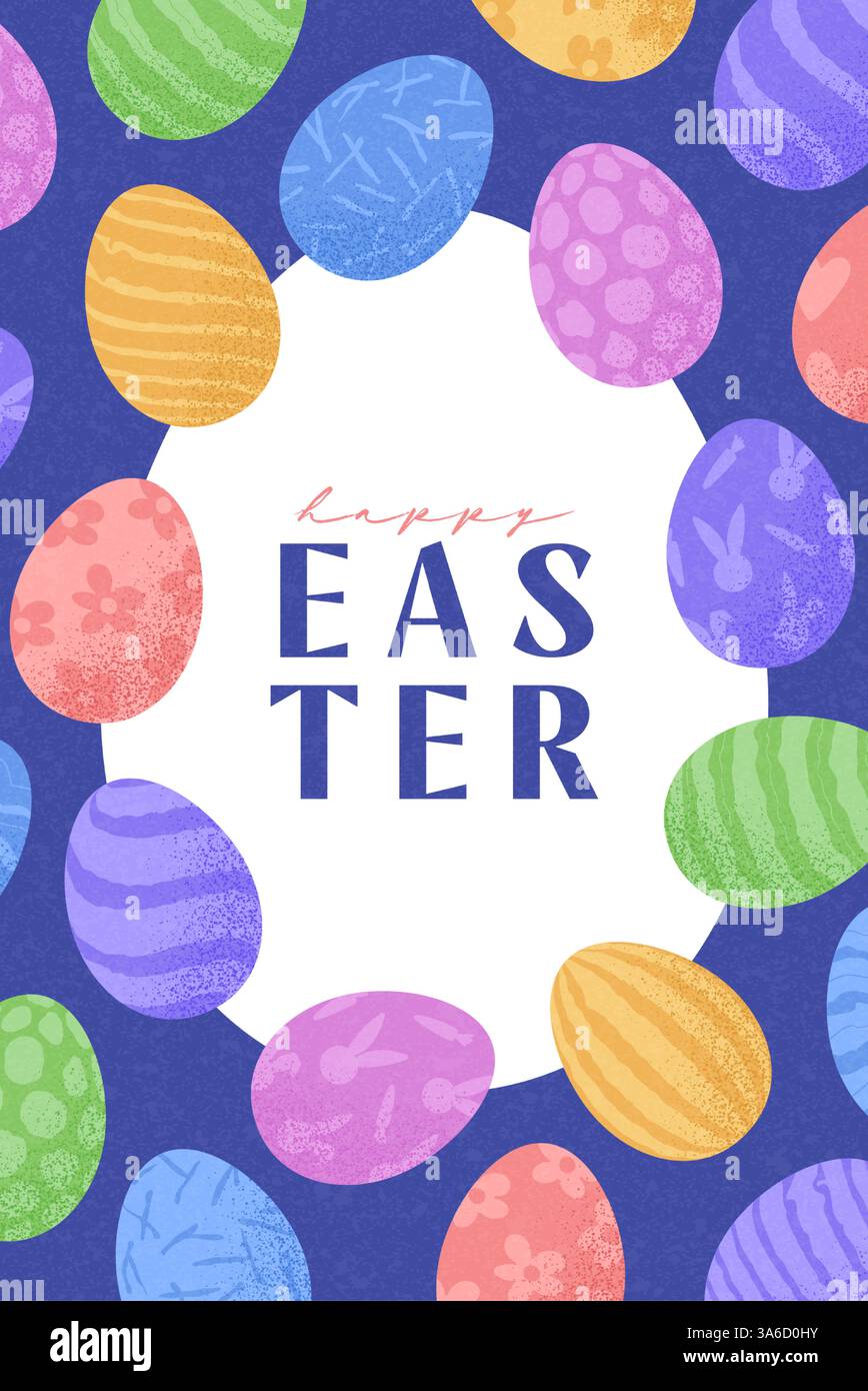 Easter banner template. A festive and creative Happy Easter vector scene with eggs on blue ...