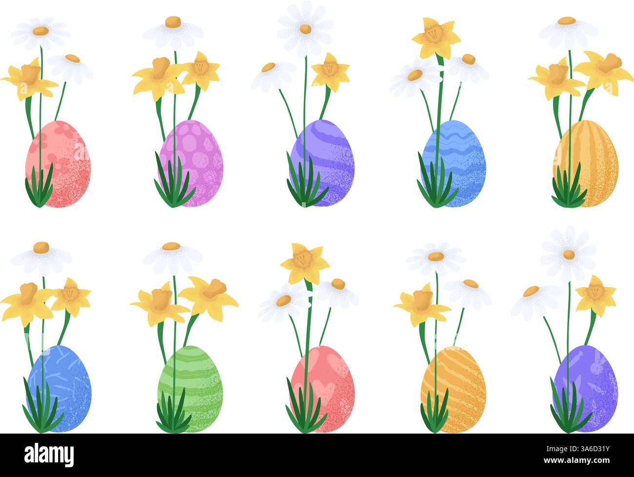 Collection of textured Easter eggs with spring flowers. Different ...