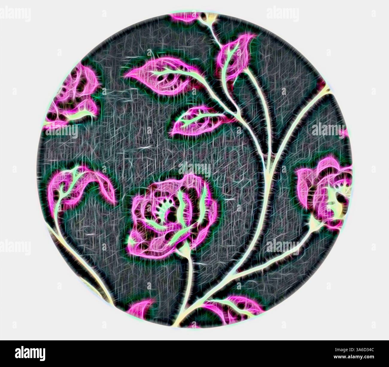 A vibrant floral pattern features intricate roses and leaves ...