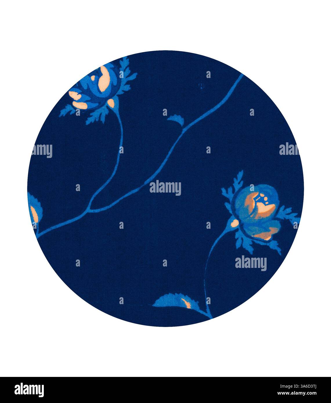 A round textile featuring a deep blue background adorned with intricate ...