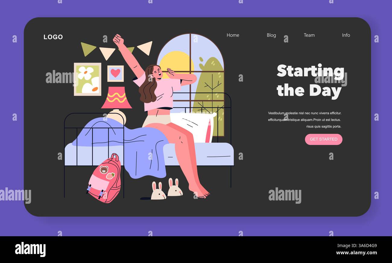 Morning routine illustration shows a woman joyfully awakening in her ...