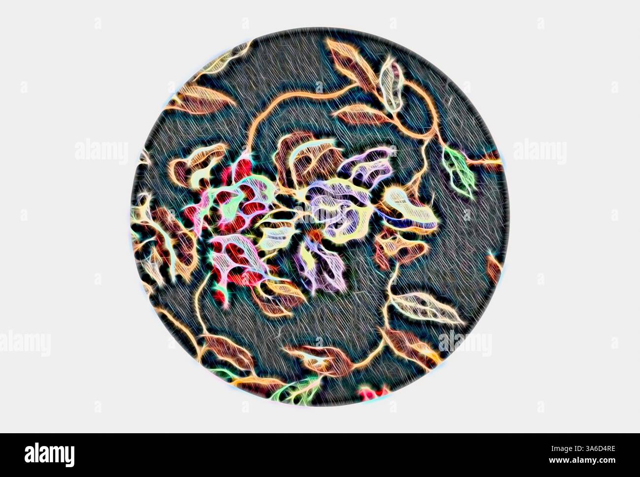 A circular design featuring an intricate floral pattern, with vibrant ...